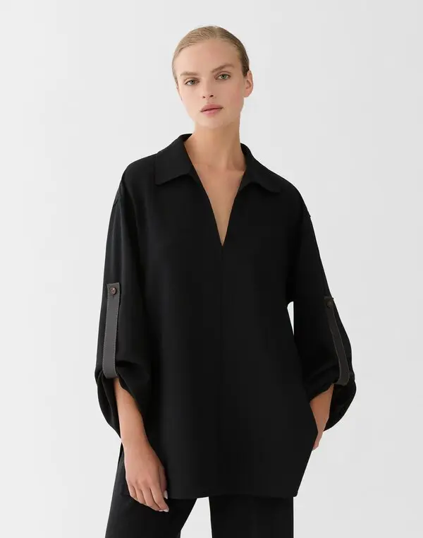 Lafayette 148 New York Wool Double Face Leather Tab Popover Blouse - Black