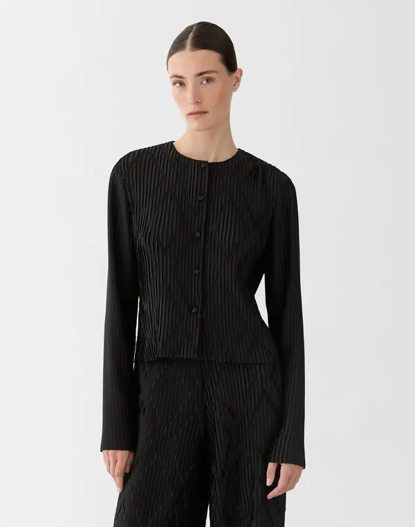 Lafayette 148 New York Geo Satin Plisse Cropped Cardigan Jacket - Black