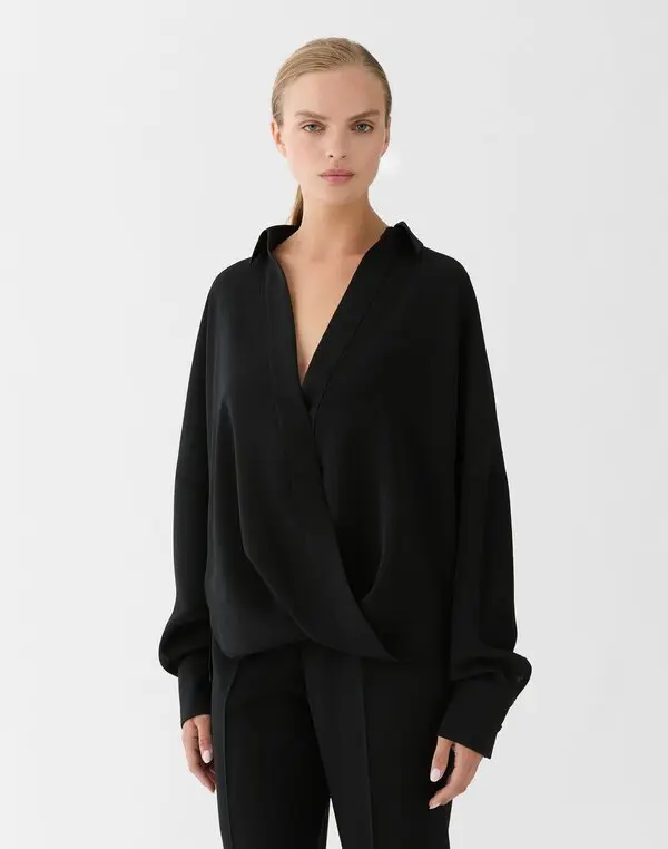 Lafayette 148 New York Crepe Oversized Popover Wrap Shirt - Black