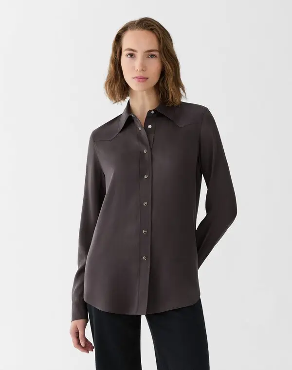 Lafayette 148 New York Silk Charmeuse Western Yoke Blouse - Truffle