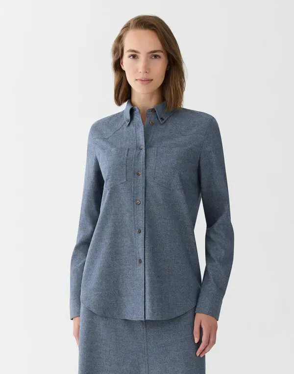 Lafayette 148 New York Denim Effect Wool Cashmere Western Blouse - Nu Blue Multi