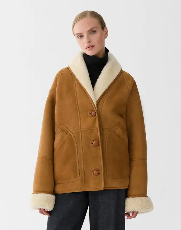 Lafayette 148 New York Shearling Reversible Shawl Collar Coat - Saddle/buff