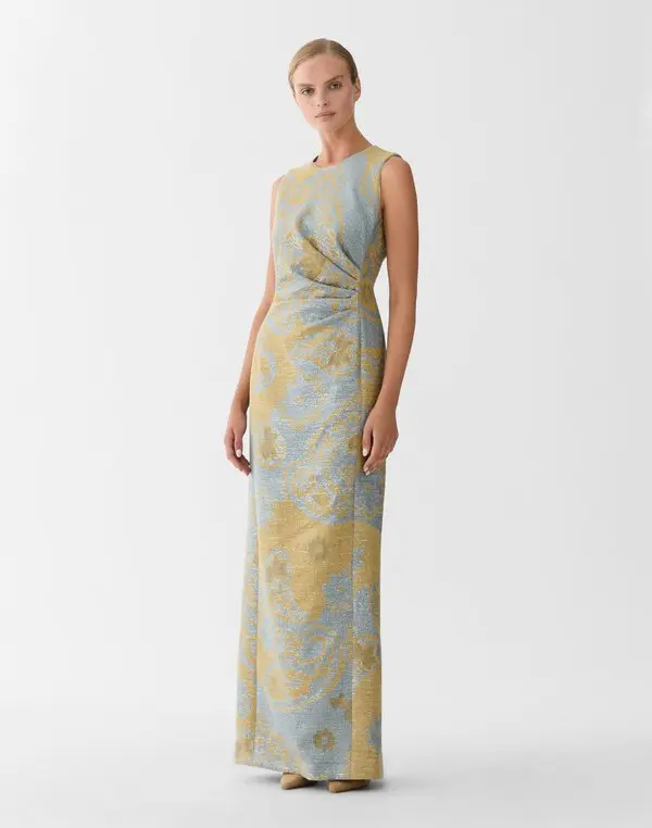 Lafayette 148 New York Paisley Jacquard Pleated Sleeveless Gown - Wheat Multi