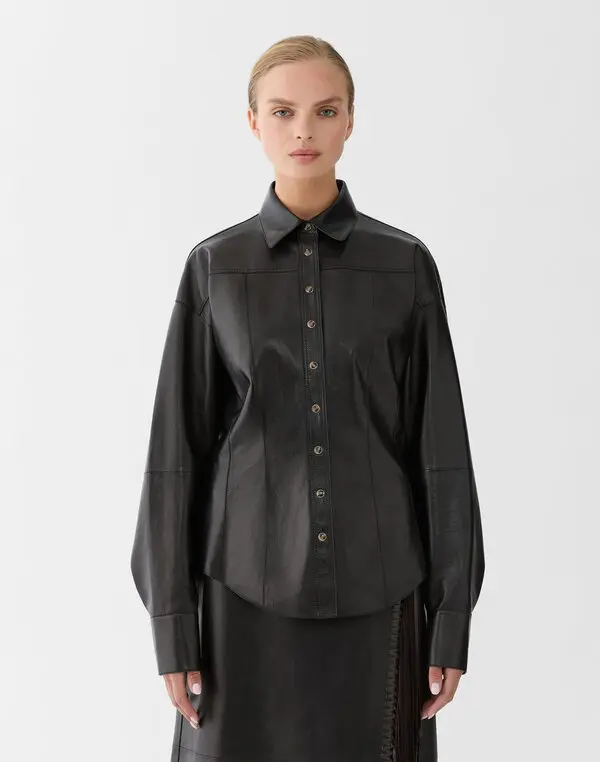 Lafayette 148 New York Nappa Leather Western Shirt - Black