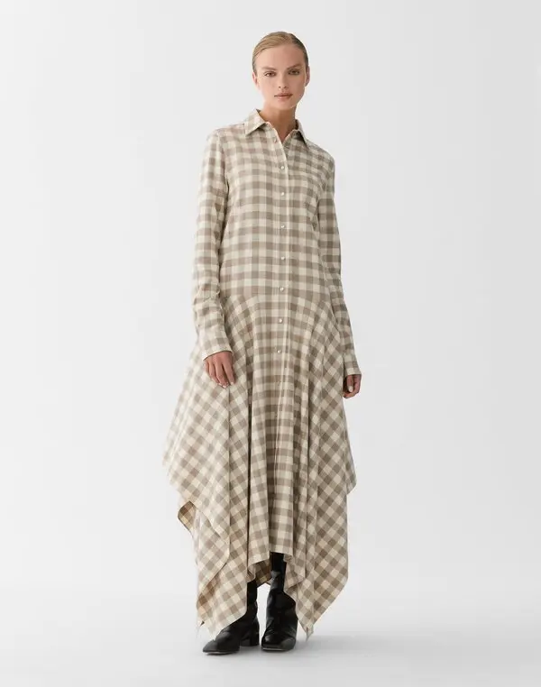 Lafayette 148 New York Buffalo Check Flannel Handkerchief Shirt Dress - Raffia Multi