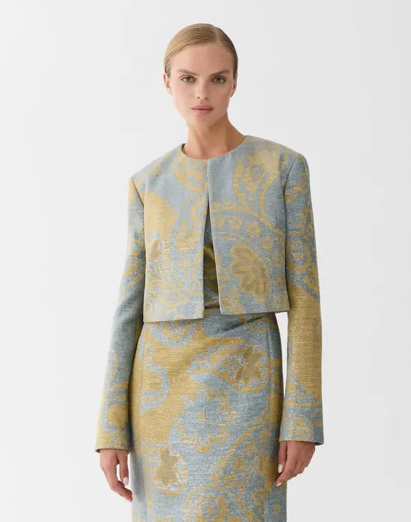 Lafayette 148 New York Paisley Jacquard Collarless Cropped Jacket - Wheat Multi