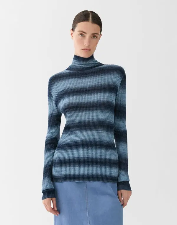 Lafayette 148 New York Horizon Stripe Viscose Ribbed Sweater - Ink Multi
