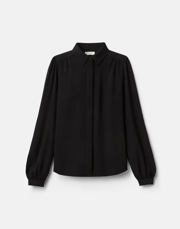 Lafayette 148 New York Petite Organic Silk Georgette Shirred Blouse - Black
