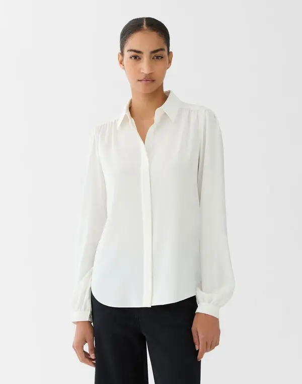 Lafayette 148 New York Petite Organic Silk Georgette Shirred Blouse - Cloud