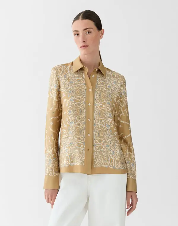 Lafayette 148 New York Bandana Print Silk Twill Blouse - Wheat Multi