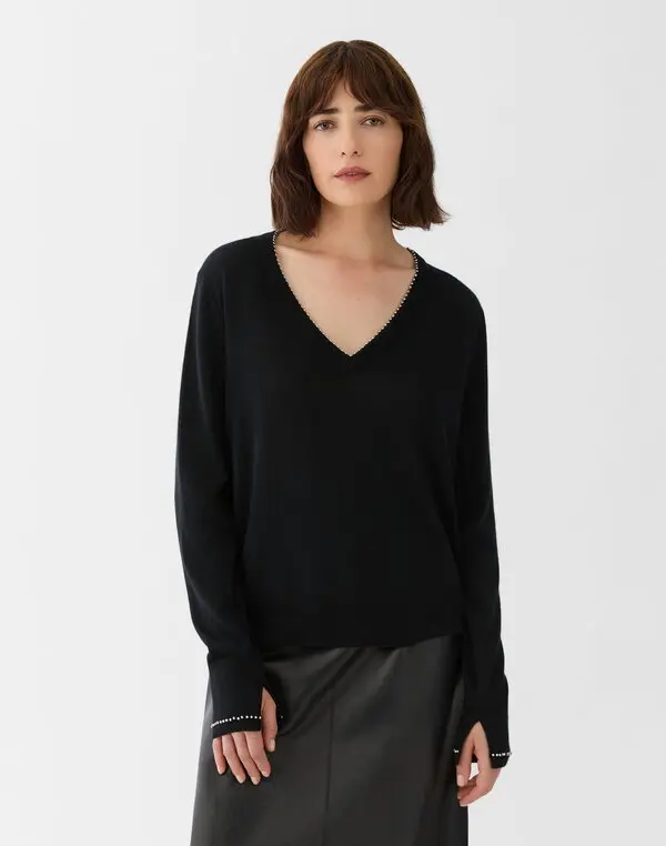 Lafayette 148 New York Cashmere Hand Beaded V-neck Sweater - Black