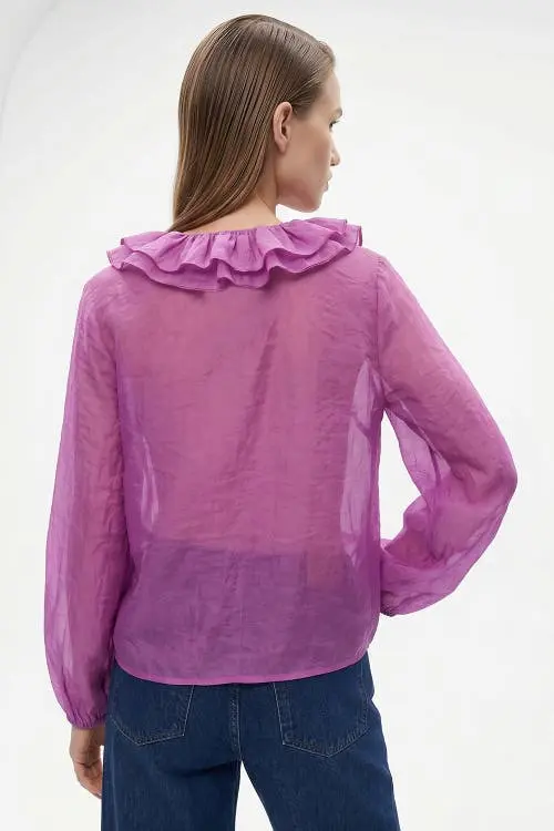 EXQUISE Decorative Stitch Blouse With Tie Neck - Pink