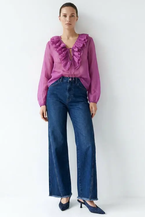 EXQUISE Decorative Stitch Blouse With Tie Neck - Pink