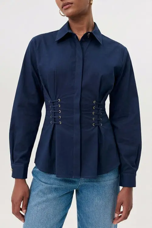 EXQUISE Miya Eyelet Lace Up Waist Shirt - Navy Blue