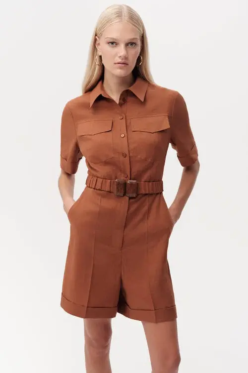 EXQUISE Carole Shirt Collar Belted Linen Jumpsuit