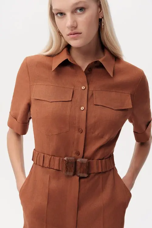 EXQUISE Carole Shirt Collar Belted Linen Jumpsuit