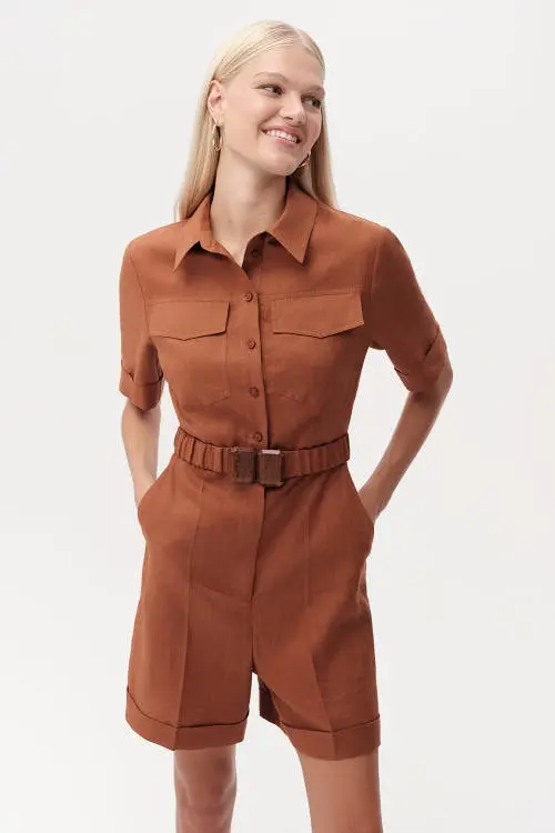 EXQUISE Carole Shirt Collar Belted Linen Jumpsuit