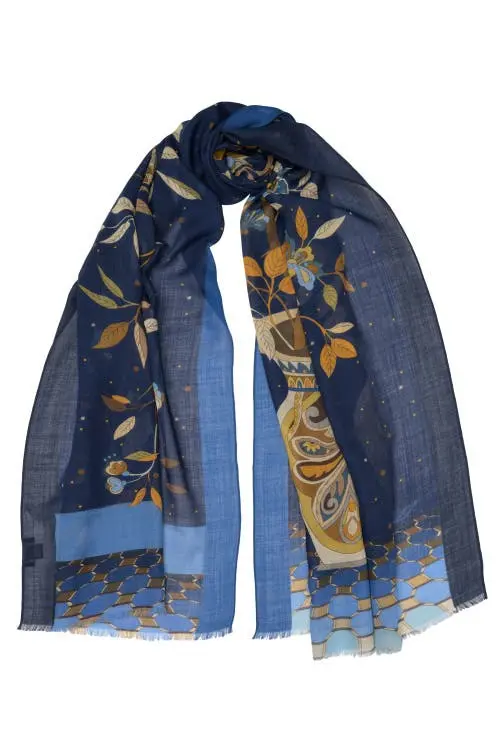 ELIZABETTA Vaso Fioritowool Silk Scarf - Blue