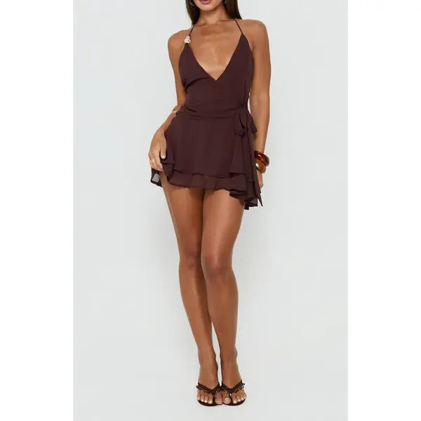 Princess Polly Two Tides Halter Wrap Minidress - Brown