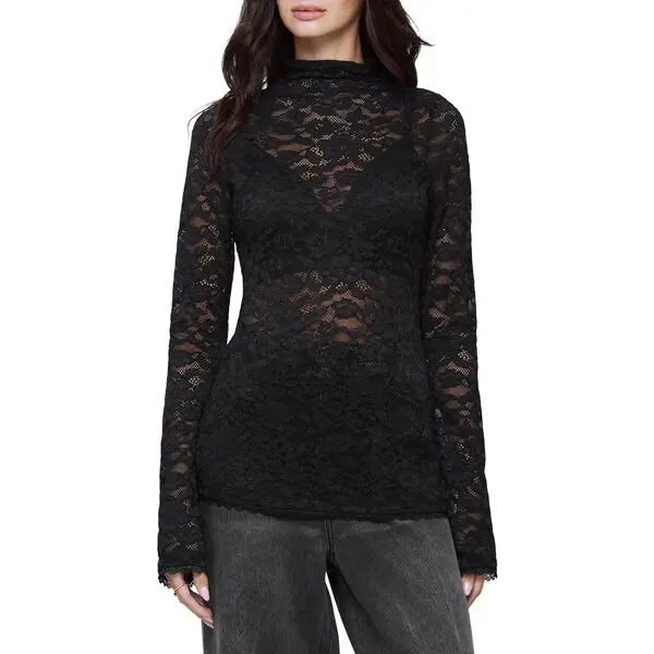 Splendid Skyler Stretch Lace Mock Neck Top - Black