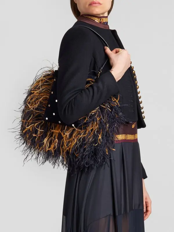 Etro Kalispera Small Feather-trim Suede Shoulder Bag