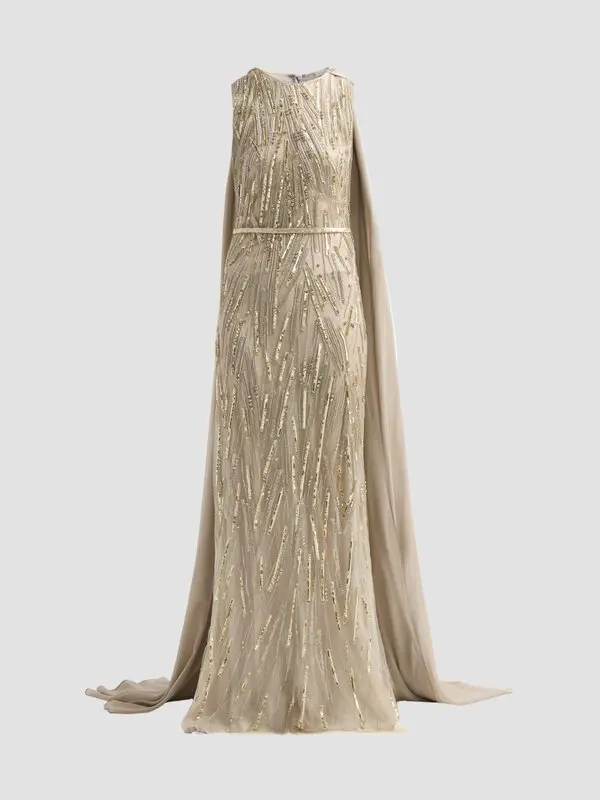 REEM ACRA After Midnight Embellished Sheer Cape Gown - Silver