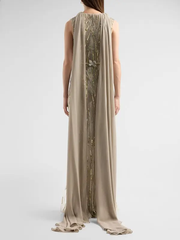 REEM ACRA After Midnight Embellished Sheer Cape Gown