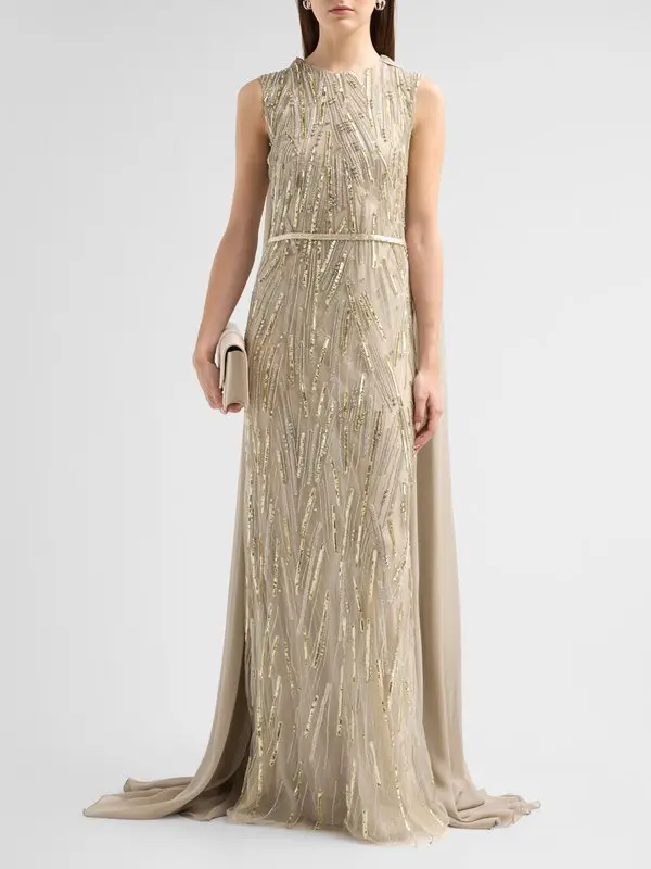 REEM ACRA After Midnight Embellished Sheer Cape Gown