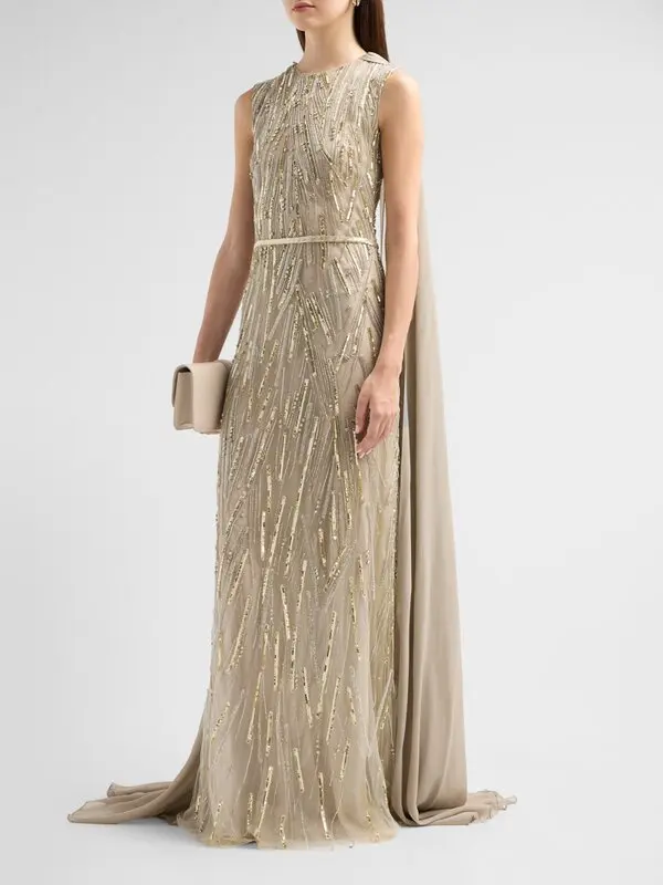 REEM ACRA After Midnight Embellished Sheer Cape Gown