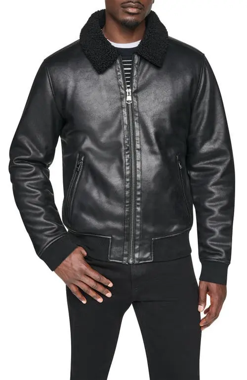Dkny Faux Leather Bomber Jacket With Faux Fur Collar - Black