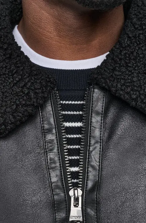 Dkny Faux Leather Bomber Jacket With Faux Fur Collar - Black