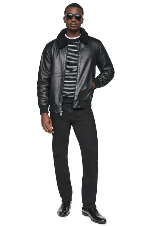 Dkny Faux Leather Bomber Jacket With Faux Fur Collar - Black