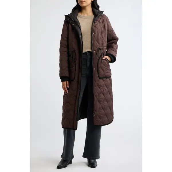 Bernardo Hooded Diamond Quilted Long Coat - Mole