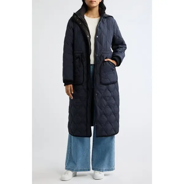 Bernardo Hooded Diamond Quilted Long Coat - Navy