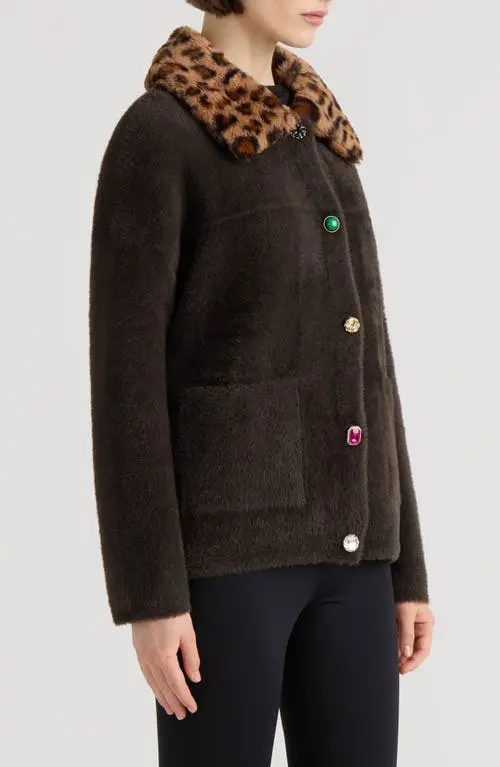 NVLT Eyelash Crop Coatigan With Faux Fur Collar - Espresso