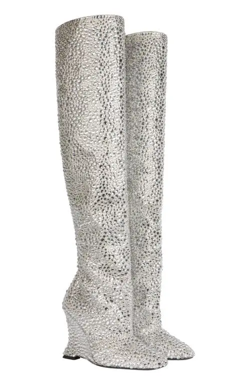 Balmain Wedge Thigh-high Satin Boots With Crystals