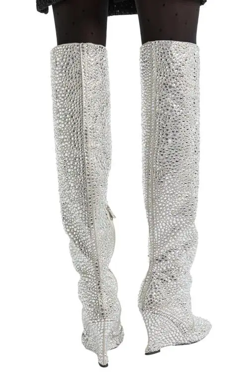 Balmain Wedge Thigh-high Satin Boots With Crystals