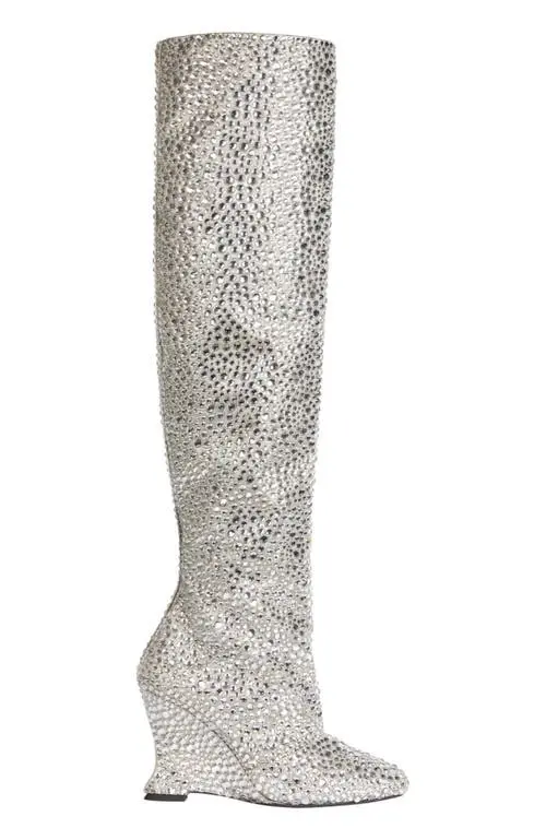 Balmain Wedge Thigh-high Satin Boots With Crystals