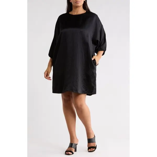 Eileen Fisher Crinkle Satin Dolman Sleeve Dress - Black