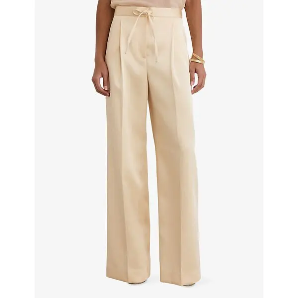 REISS Ellen Drawstring Wide-leg Stretch Satin Trousers - Cream
