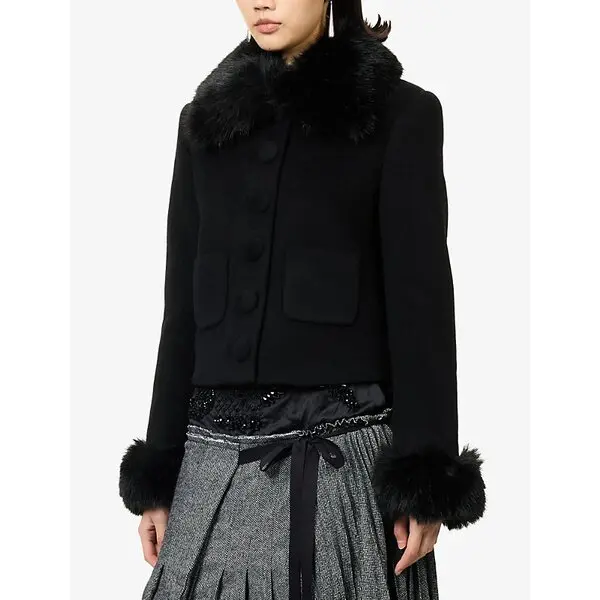 SELF-PORTRAIT Faux-fur Trim Short Wool Jacket