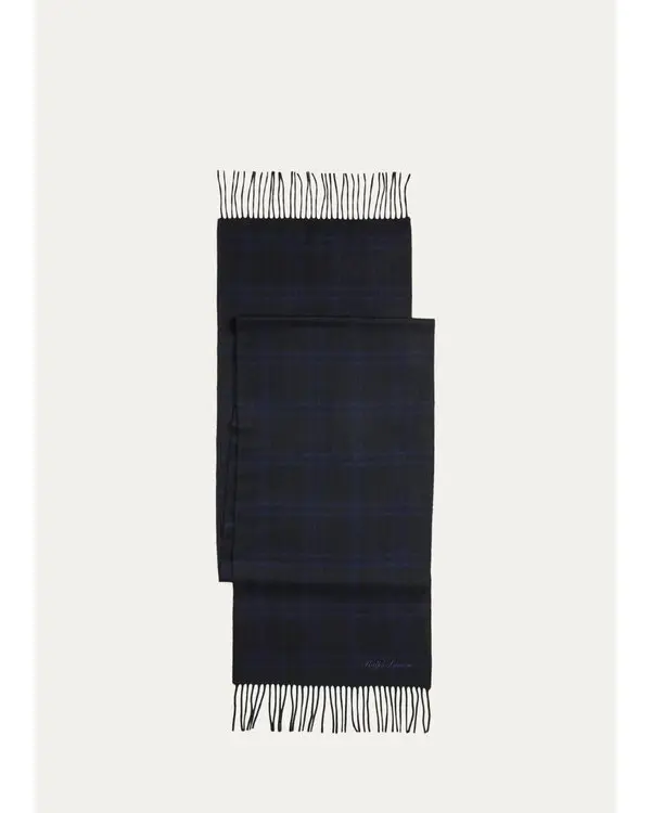 Ralph Lauren Purple Label Tonal Plaid Cashmere Fringe Scarf - Navy