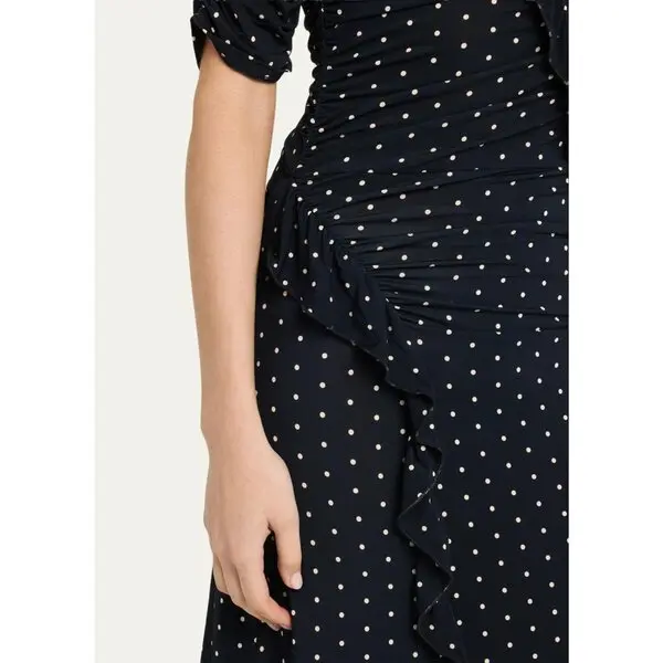 Sea Jeanne Polka Dot Ruched Ruffle Short-sleeve Midi Dress
