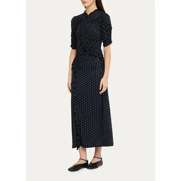 Sea Jeanne Polka Dot Ruched Ruffle Short-sleeve Midi Dress
