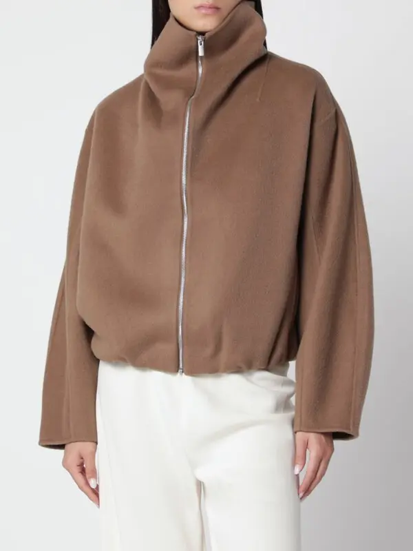 Almada Label Short Wool Jacket With High Funnel Neck And Zip Closure - Brown