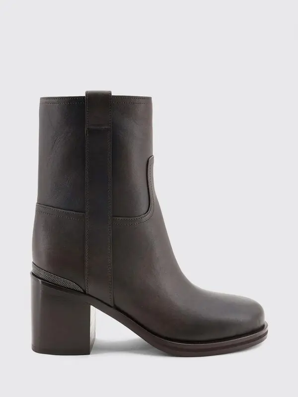 Brunello Cucinelli Leather Biker Boots With Monili And Medium Heel - Dark