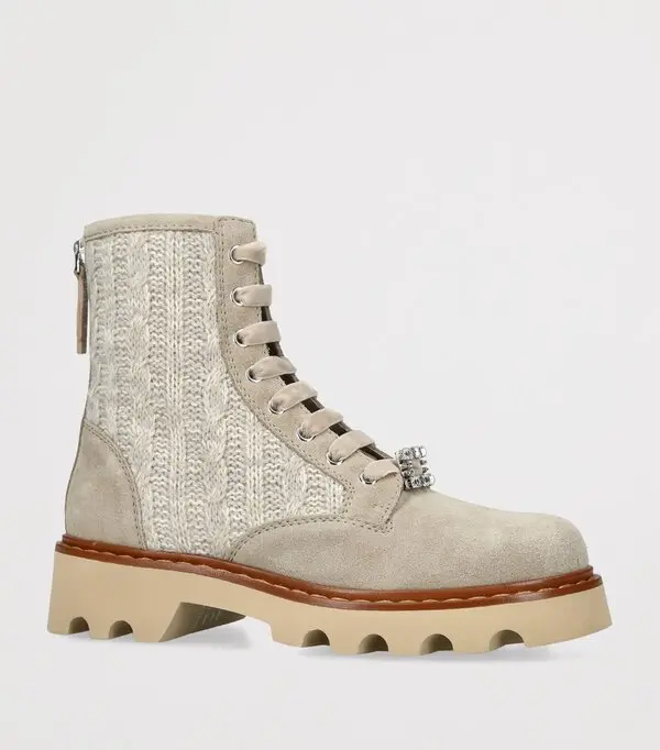 ROGER VIVIER Suede Knit Viv’ Rangers Truck Ankle Boots 20 - Beige