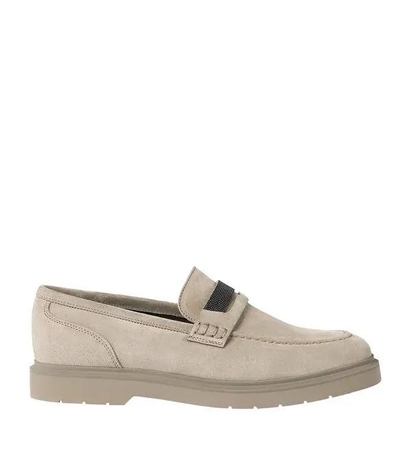 Brunello Cucinelli Suede Monili Penny Loafers - Beige