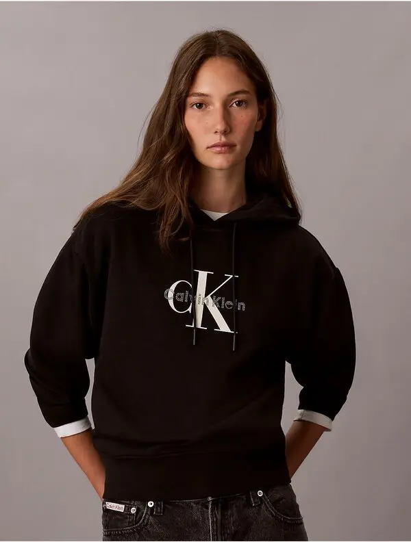 Calvin Klein Rhinestone Monologo Fleece Hoodie - Black