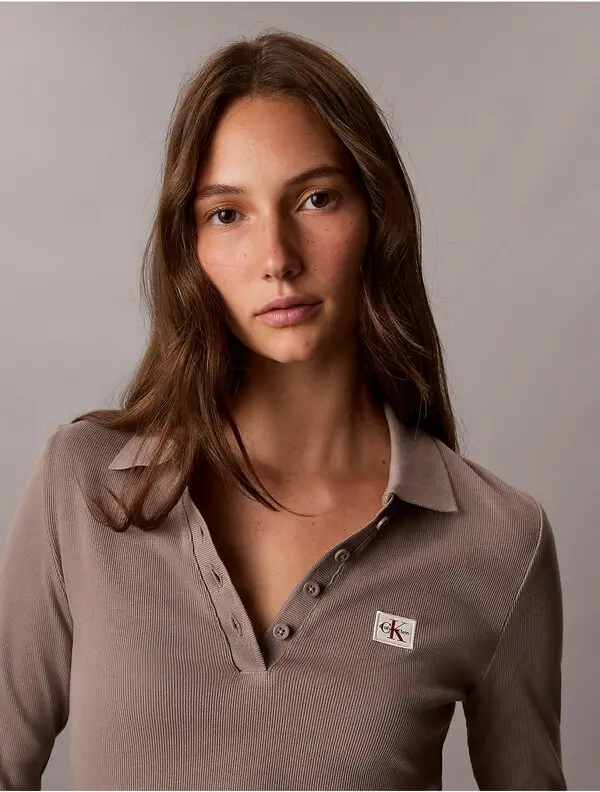 Calvin Klein Woven Monologo Long Sleeve Polo Shirt - Cinder